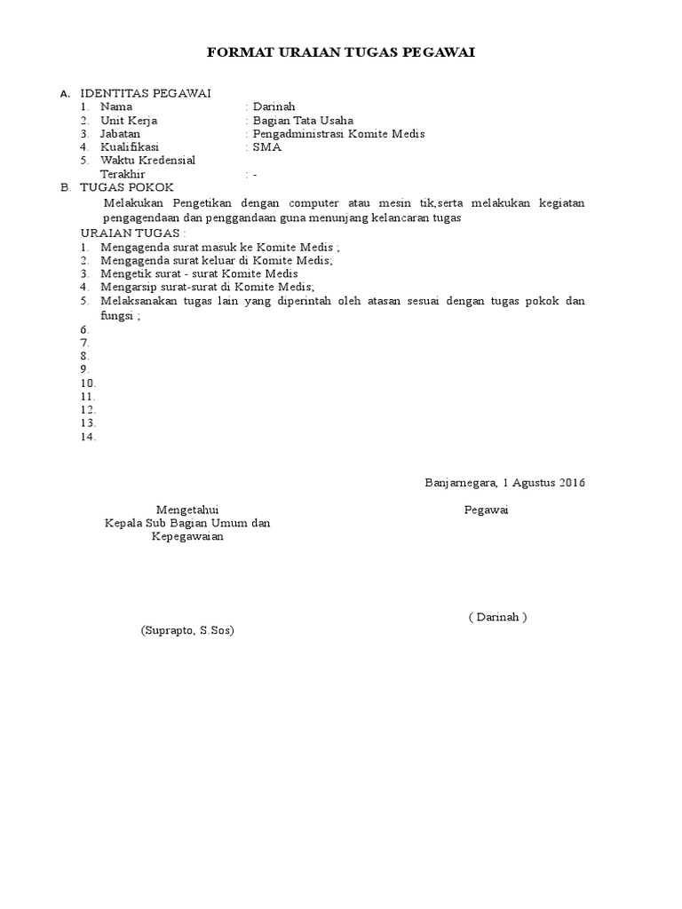 Format Uraian Tugas Pegawai | PDF
