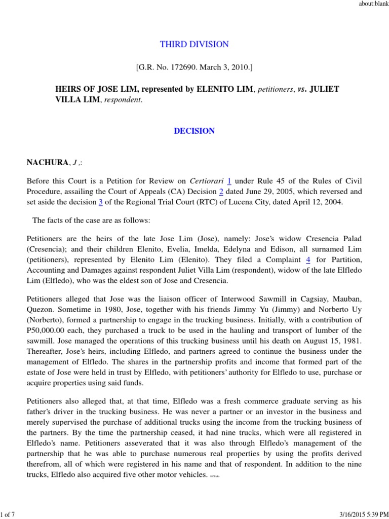Heirs of Jose Lim v. Lim, G.R. No. 172690 | PDF | Evidence | Burden Of ...