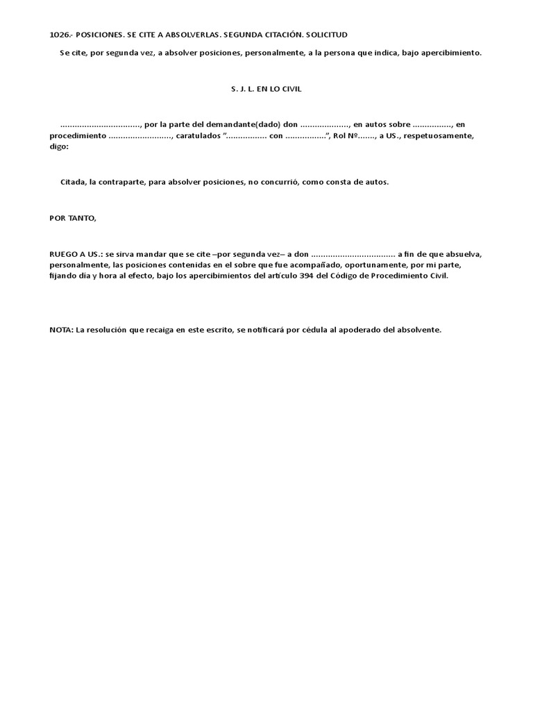 Posiciones. Se Cite A Absolverlas. Segunda Citación. Solicitud | PDF | Derecho
