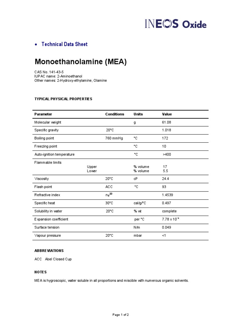 Monoethanolamine (MEA) : - Technical Data Sheet | PDF | Solubility ...