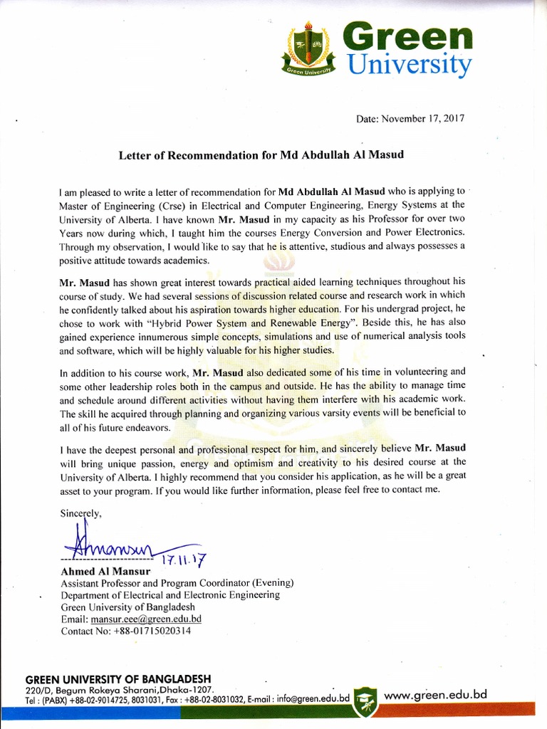 Letter of Recommendation For MD Abdullah Al Masud | PDF | Engineering | Science And Technology