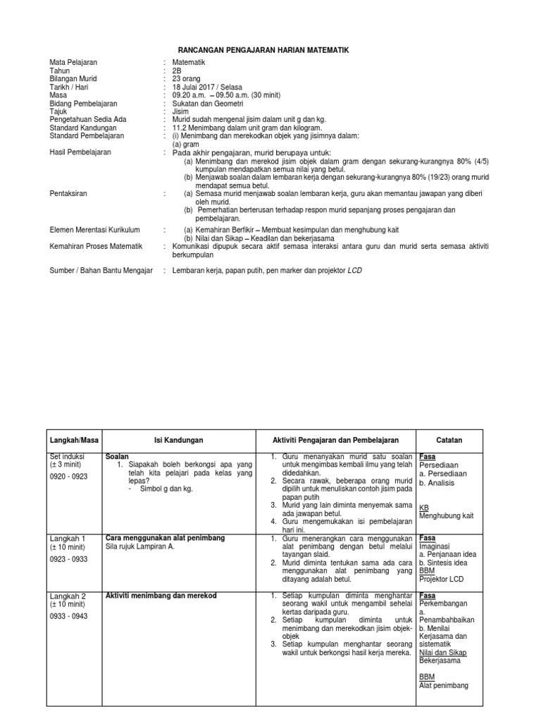 RPH Matematik Tahun 2 | PDF