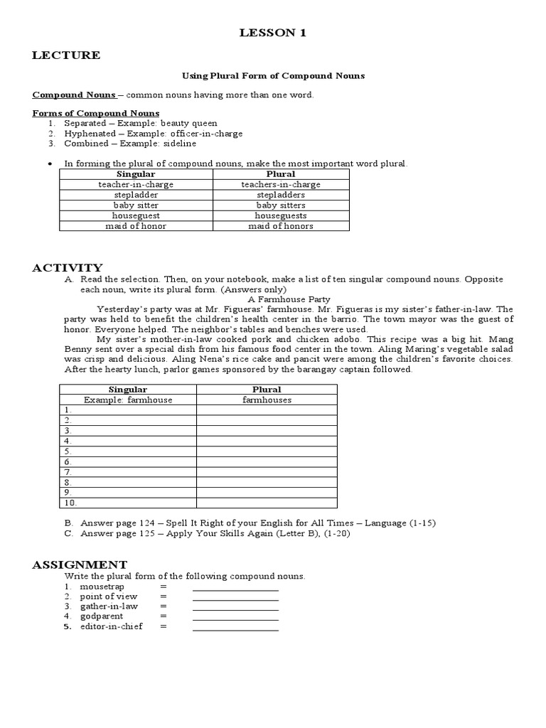 Plural Forms of Compound Nouns Lesson | PDF | Language Arts & Discipline