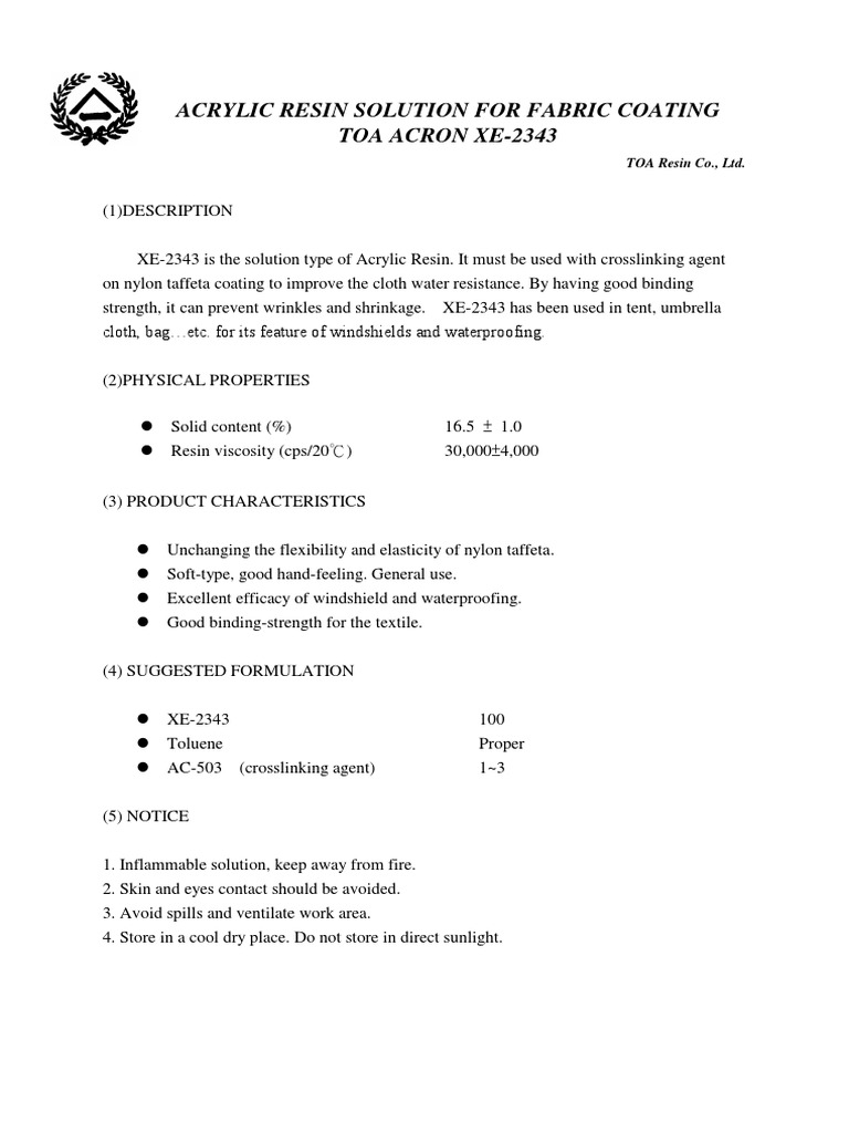 Acrylic Resin Solution For Fabric Coating Toa Acron Xe-2343 | PDF
