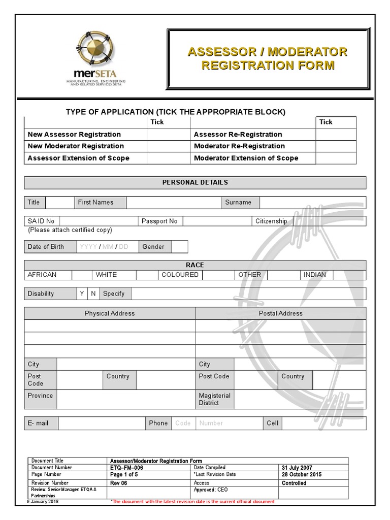 ETQ-FM-006 Assessor-Moderator Registration Form (Due for Review by 28 ...