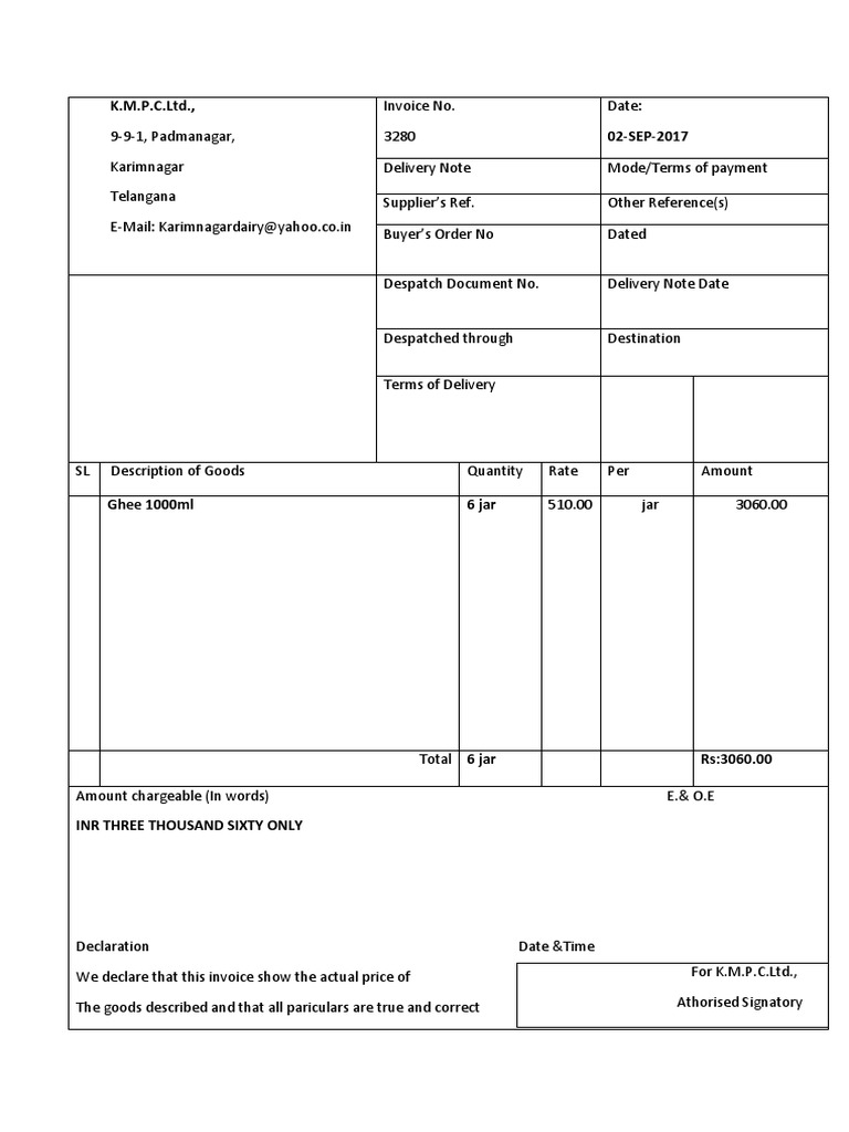 Monthly Milk Invoice Format | PDF