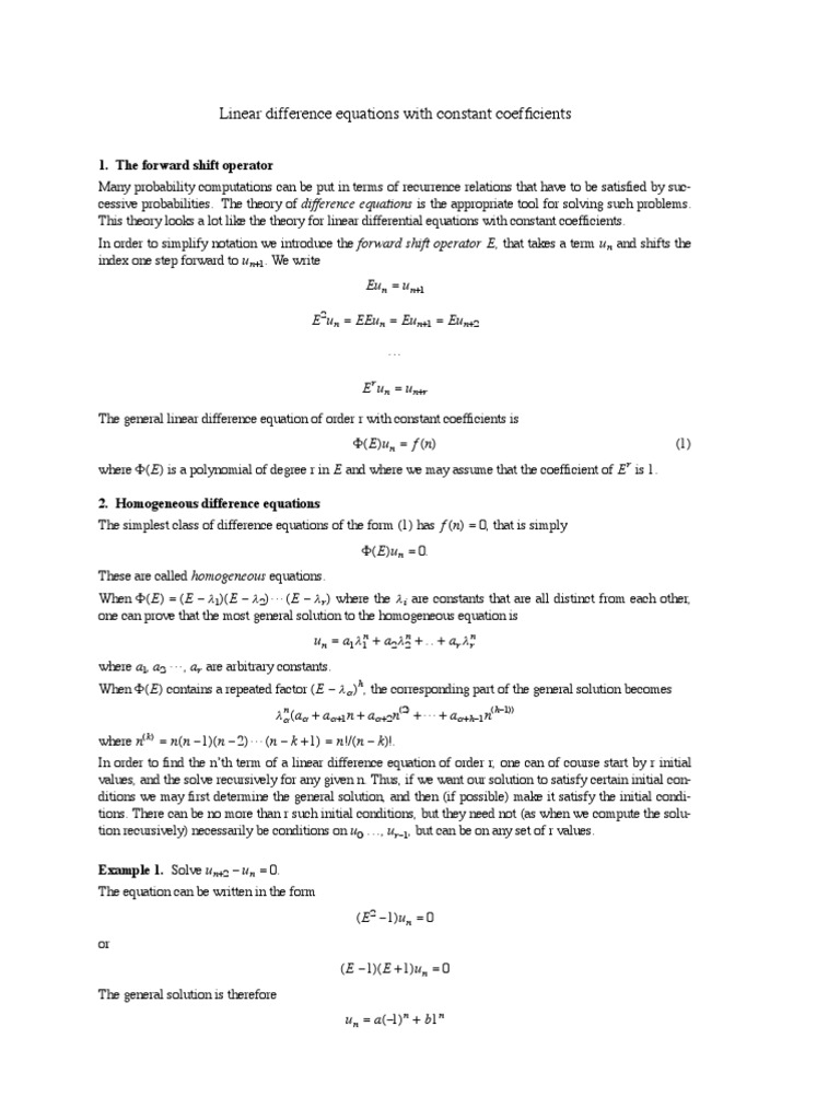 Linear Difference Equations With Constant Coefficients: 1. The Forward Shift Operator | PDF ...
