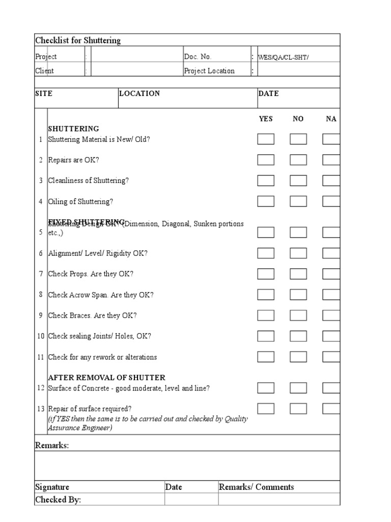 Checklist for Shuttering