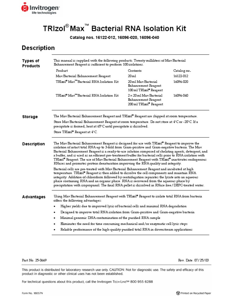 TRIzol Max Bacterial RNA Isolation Kit | PDF | Laboratory Techniques ...