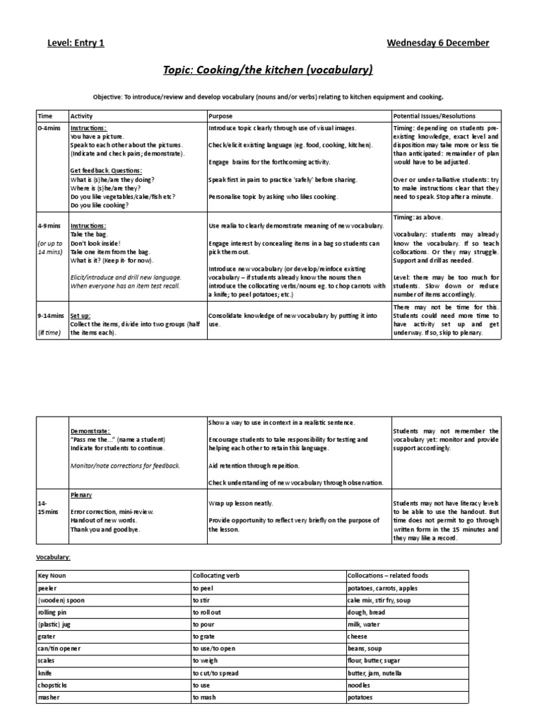 ESOL Entry 1 Interview Lesson Cooking | Download Free PDF | Vocabulary ...