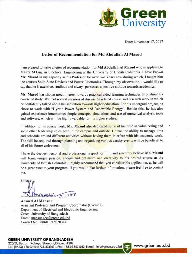 Letter of Recommendation For MD Abdullah Al Masud - UBC | PDF | Science ...