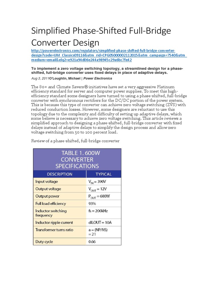 Simplified Phase-Shifted Full-Bridge Converter Design | PDF | Power ...
