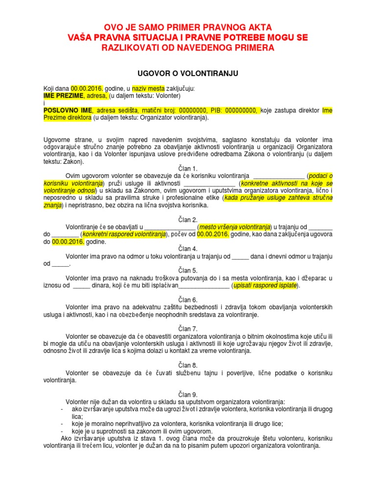 Ugovor o Volontiranju | PDF