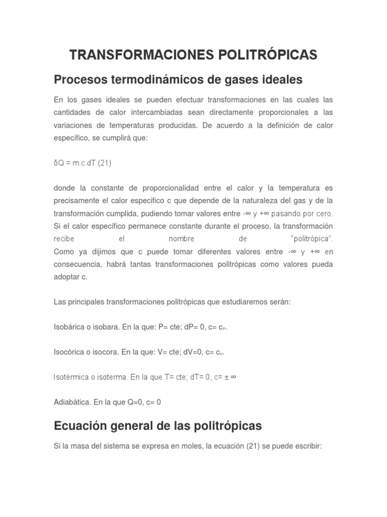 Ecuaciones de Transformaciones Politrópicas | PDF | Calor | Gases