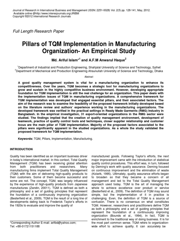 Pillars of TQM Implementation in Manufacturing Organizationan Empirical ...