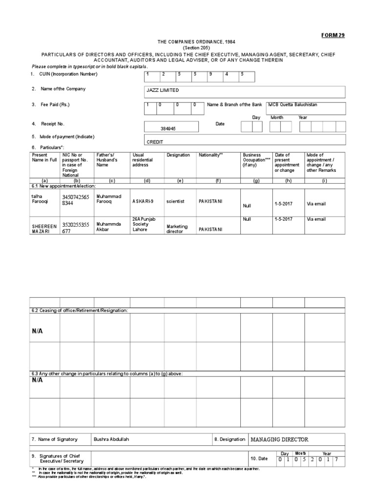 Form 29 Particulars of Directors and Officers, Including The Chief ...