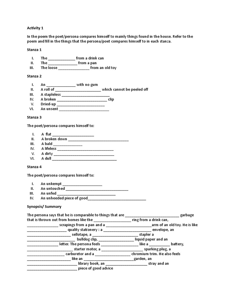 Sad I Ams Worksheet | PDF | Literary Theory | Poetry