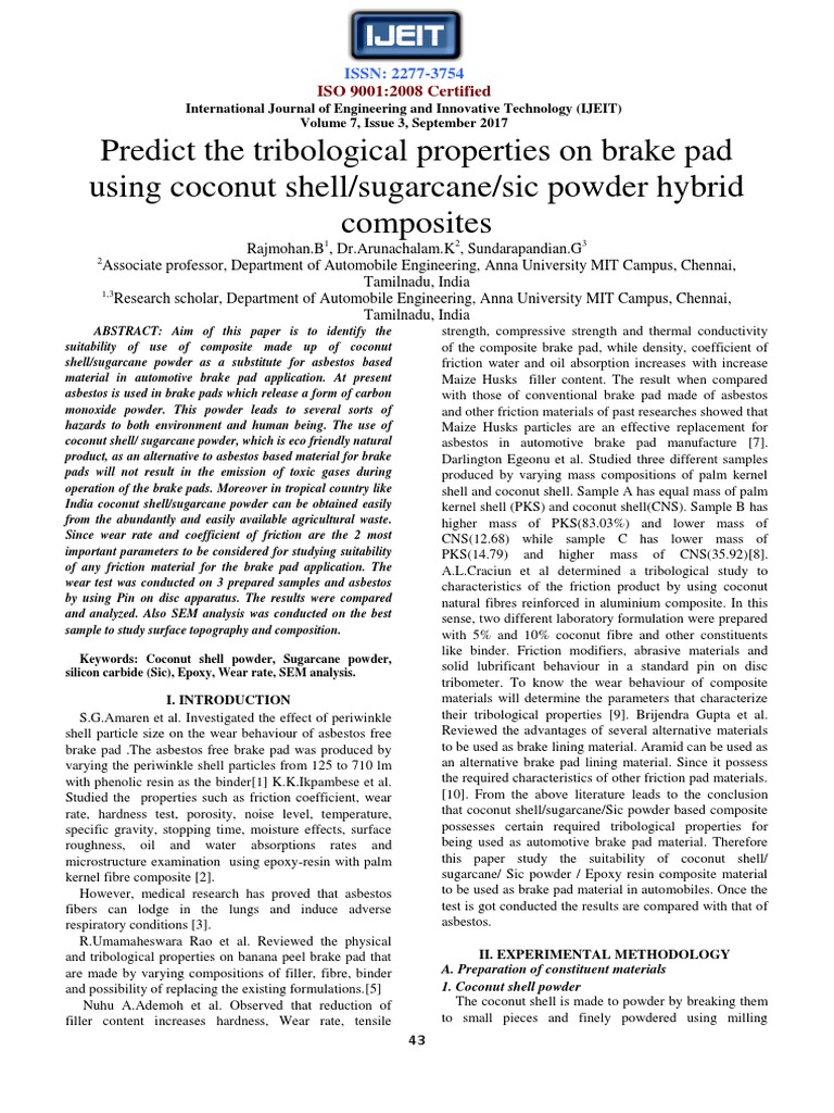 Coconut Shell Brake Pad | PDF | Wear | Surface Roughness