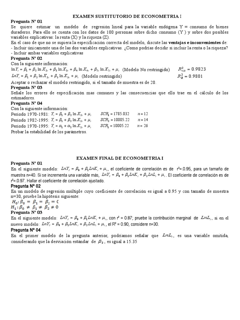 Examen Final de Econometria 1 2016 I | Descargar gratis PDF | Regresión lineal | Análisis ...