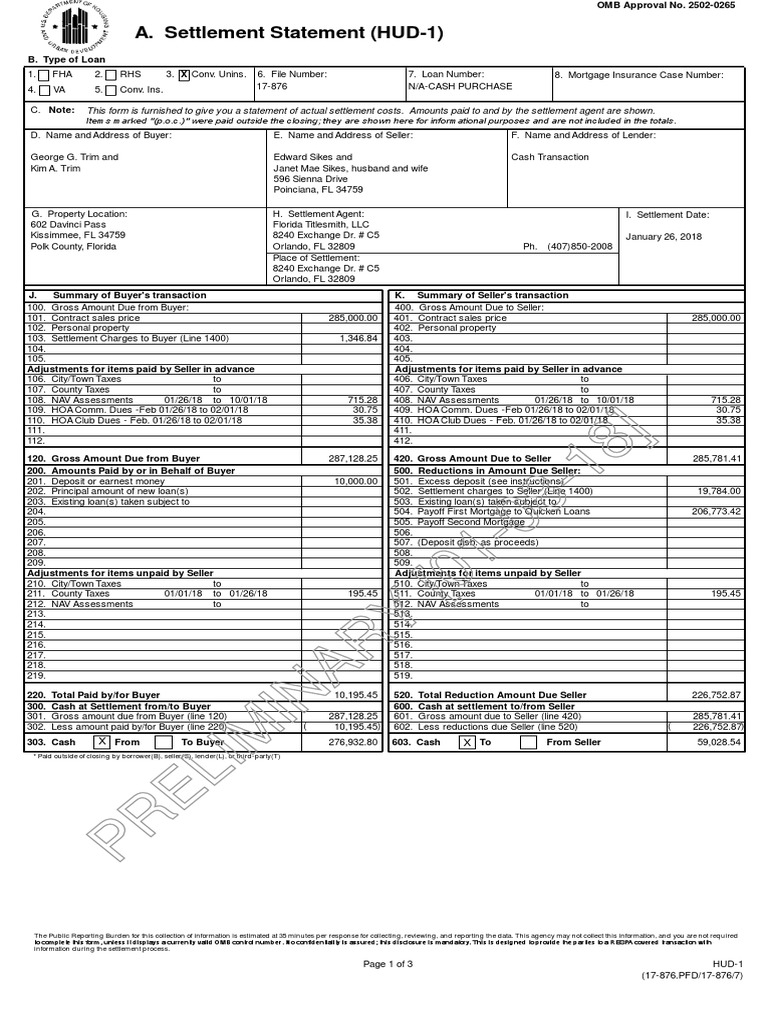 HUD Prelim | PDF | Title Insurance | Financial Transaction