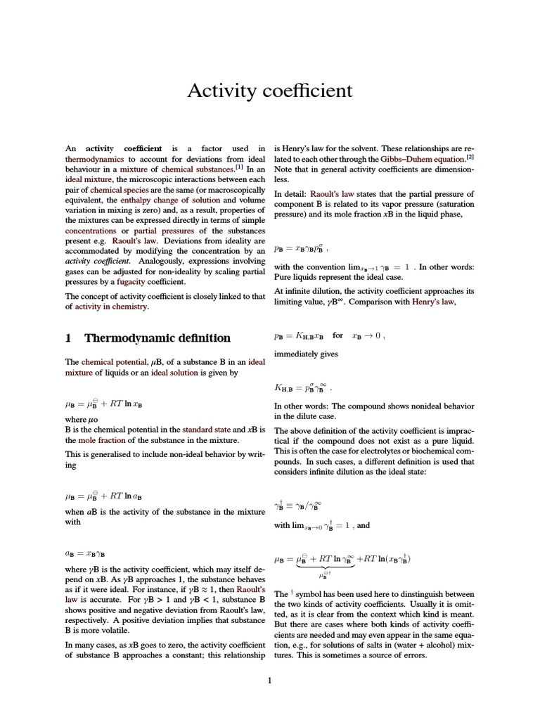 Activity Coefficient | PDF | Chemical Equilibrium | Physical Sciences