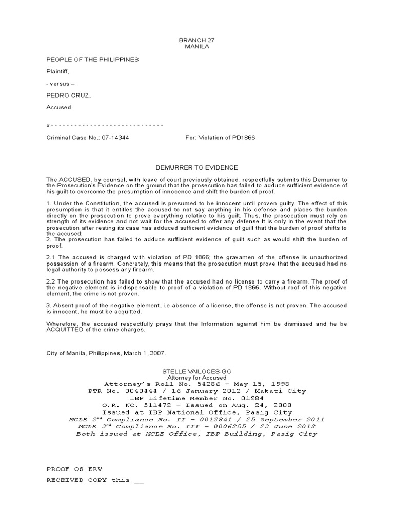 Demurrer To Evidence Sample Form | PDF | Evidence | Burden Of Proof (Law)