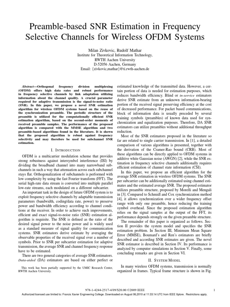 Preamble-Based SNR Estimation in Frequency Selective Channels For Wireless OFDM Systems | PDF ...