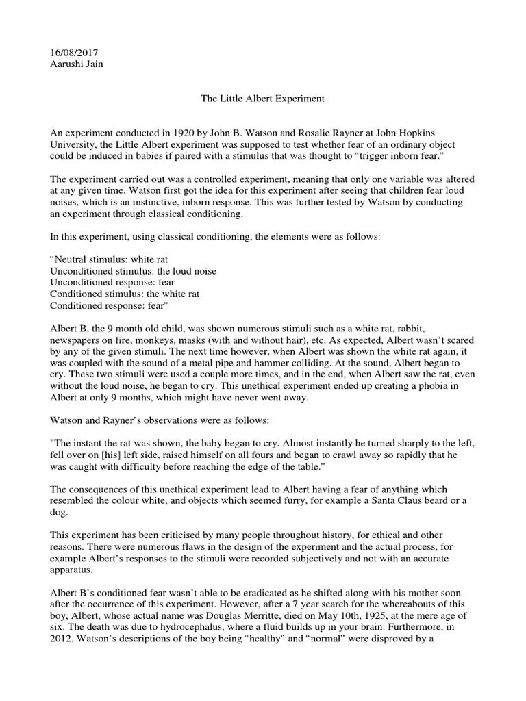 The Little Albert Experiment | PDF | Neuropsychological Assessment ...