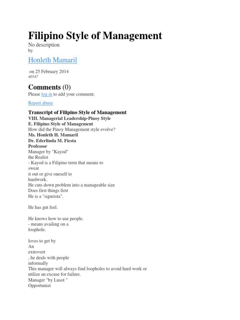 Filipino Style of Management | PDF | Social Psychology | Psychology