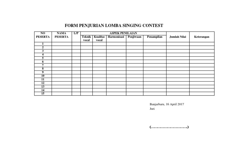 Form Penjurian Lomba Singing Contest
