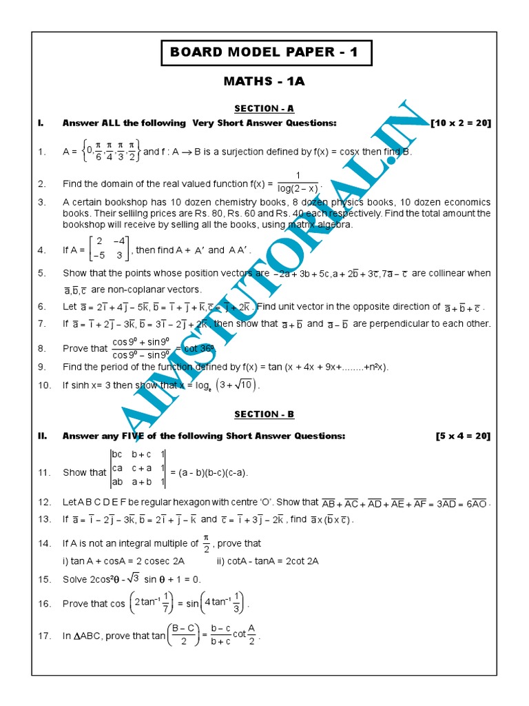 1A Maths Model Paper 2024 | PDF | Trigonometric Functions | Sine