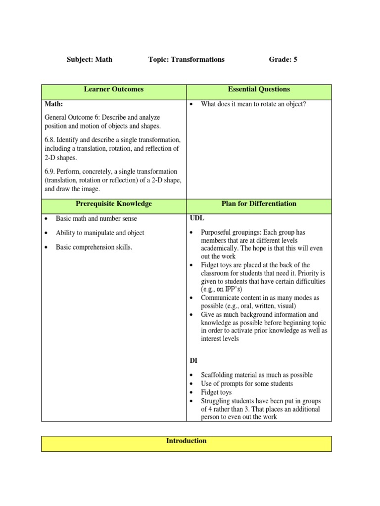 Subject: Math Topic: Transformations Grade: 5 | PDF | Shape | Cognitive ...