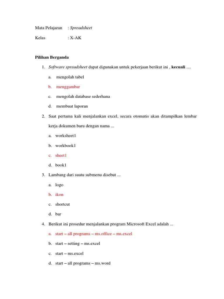 Soal Ujian Kelas X-Ak (Spreadsheet) | PDF