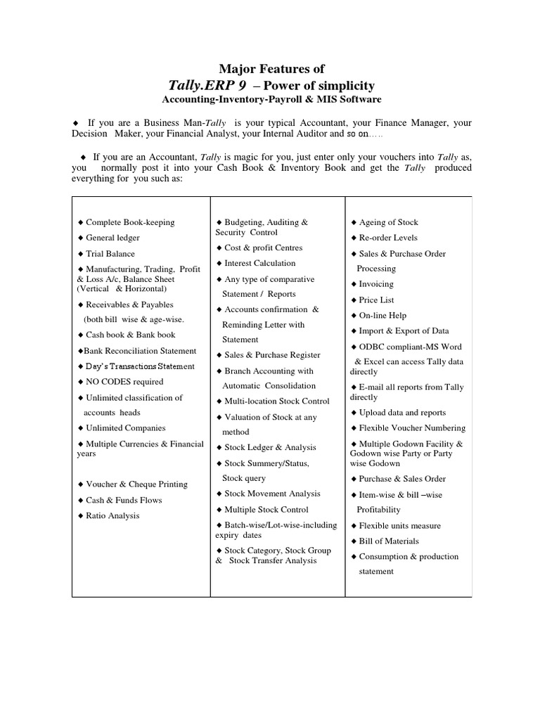 Key Features of Tally.ERP 9 | PDF | Debits And Credits | Bookkeeping