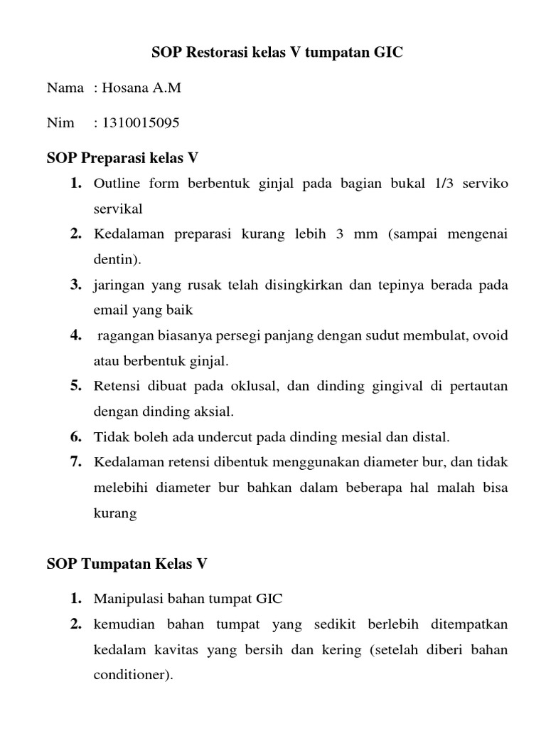 SOP Restorasi Kelas V Tumpatan GIC | PDF