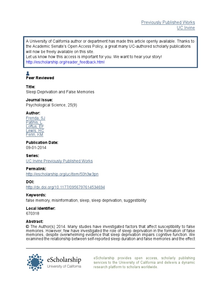 Sleep Deprivation and False Memories | PDF | Sleep Deprivation | Memory