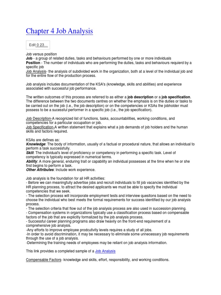 Chapter 4 Job Analysis | PDF | Competence (Human Resources) | Employment