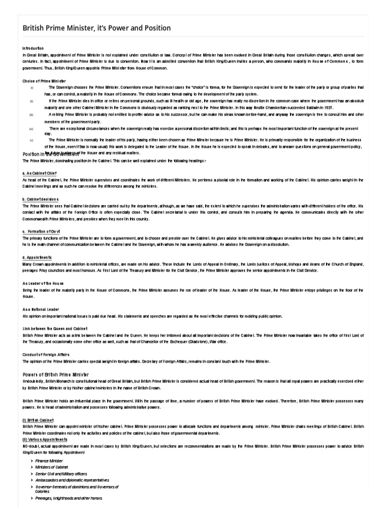 British Prime Minister, It's Power and Position | PDF | Cabinet ...