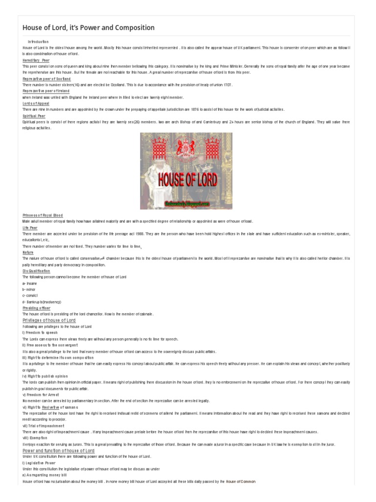 Composition and Powers of House of Lords | PDF | House Of Lords ...