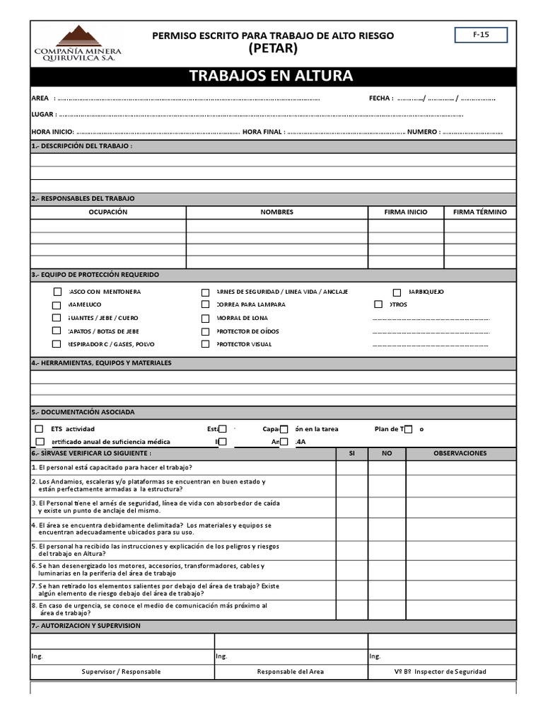 10 PETAR - Permiso de Trabajo Alto Riesgo (F-15) | Andamio | Naturaleza