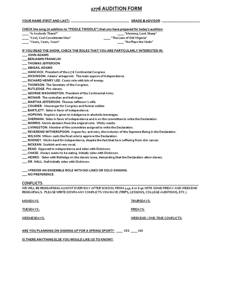 1776 Audition Form | PDF | Entertainment (General)