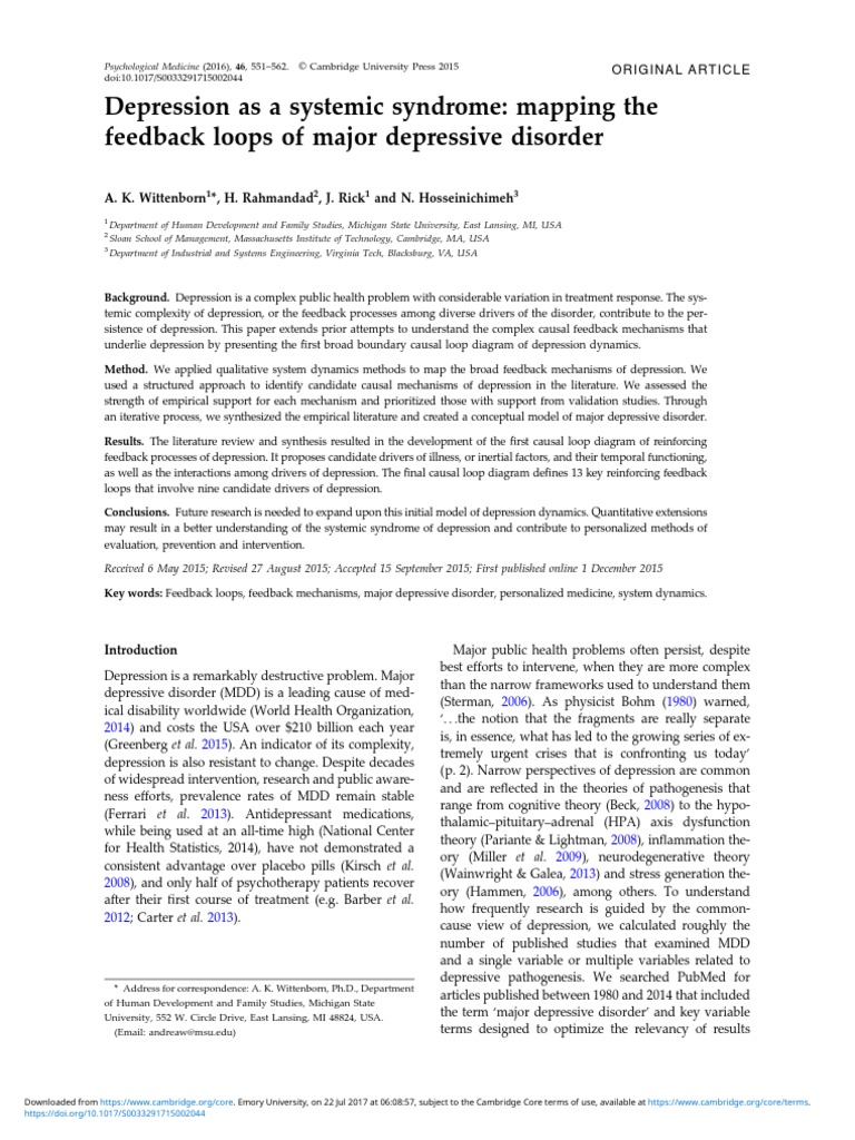 Depression As A Systemic Syndrome Mapping The Feedback Loops of Major ...