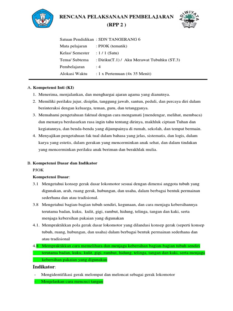 RPP ADIWIYATA PJOK Kelas 1 k13 | PDF
