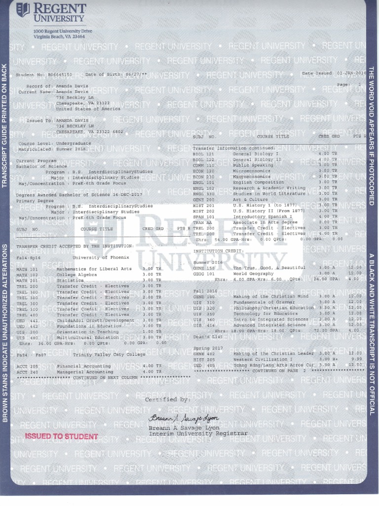 Regent Transcript | PDF