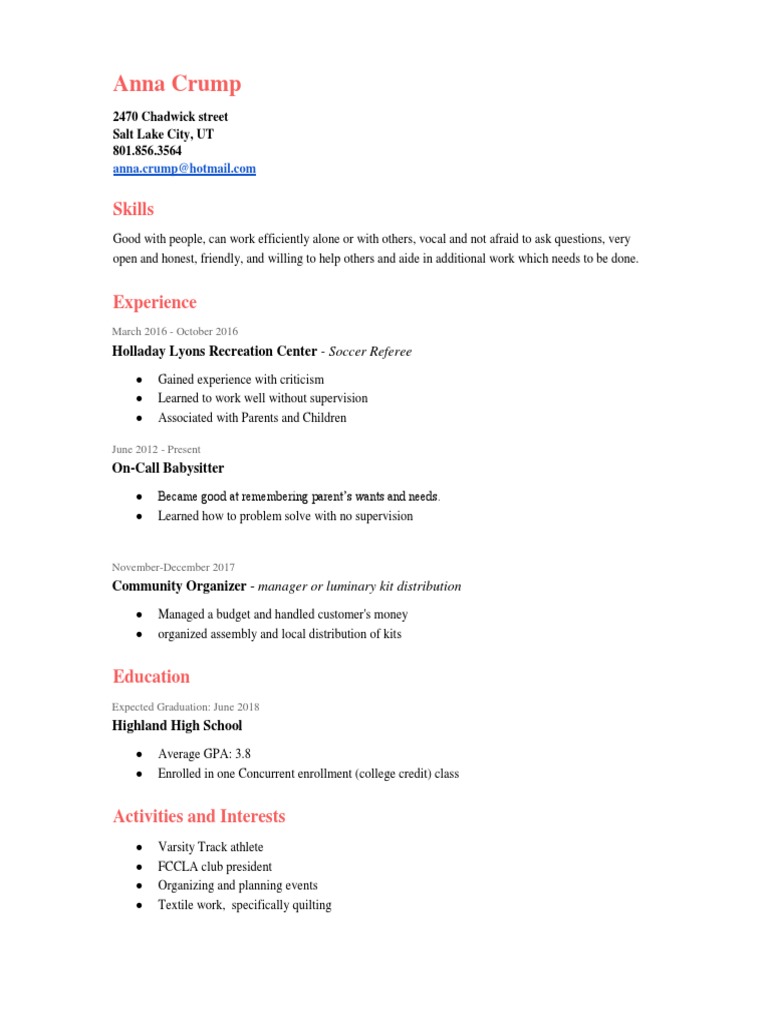 Anna Crump's Resume and Skills Summary | PDF | Career & Growth