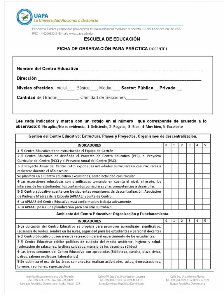 Ficha Para Observacion Practica Docente i | Salón de clases | Maestros