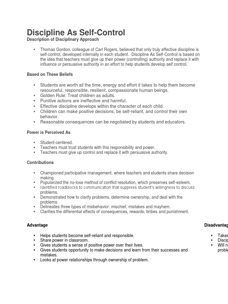 Gordon's Self-Control Discipline Model | PDF | Classroom Management ...