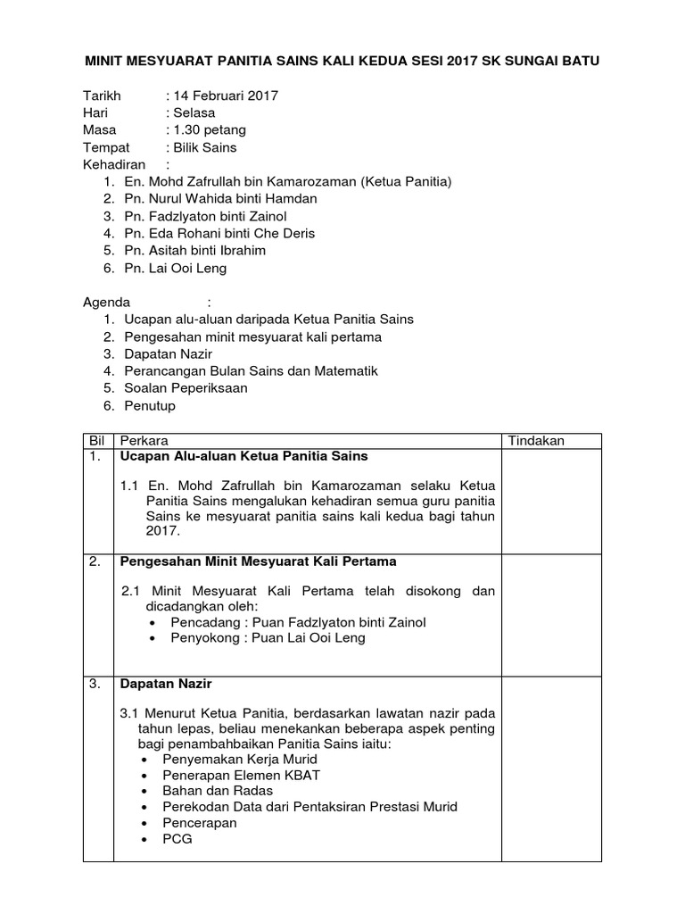 Minit Mesyuarat Panitia Sains Kali Kedua 2017 | PDF