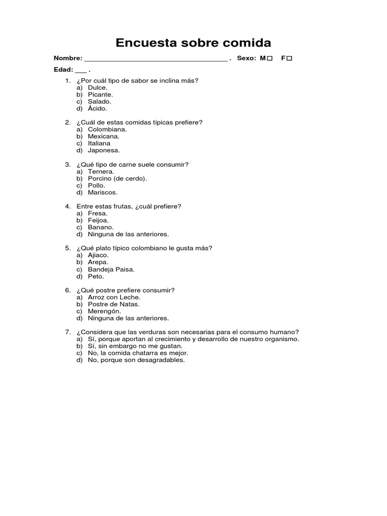 Modelo de Encuesta Sobre Comida | PDF | Salud y bienestar