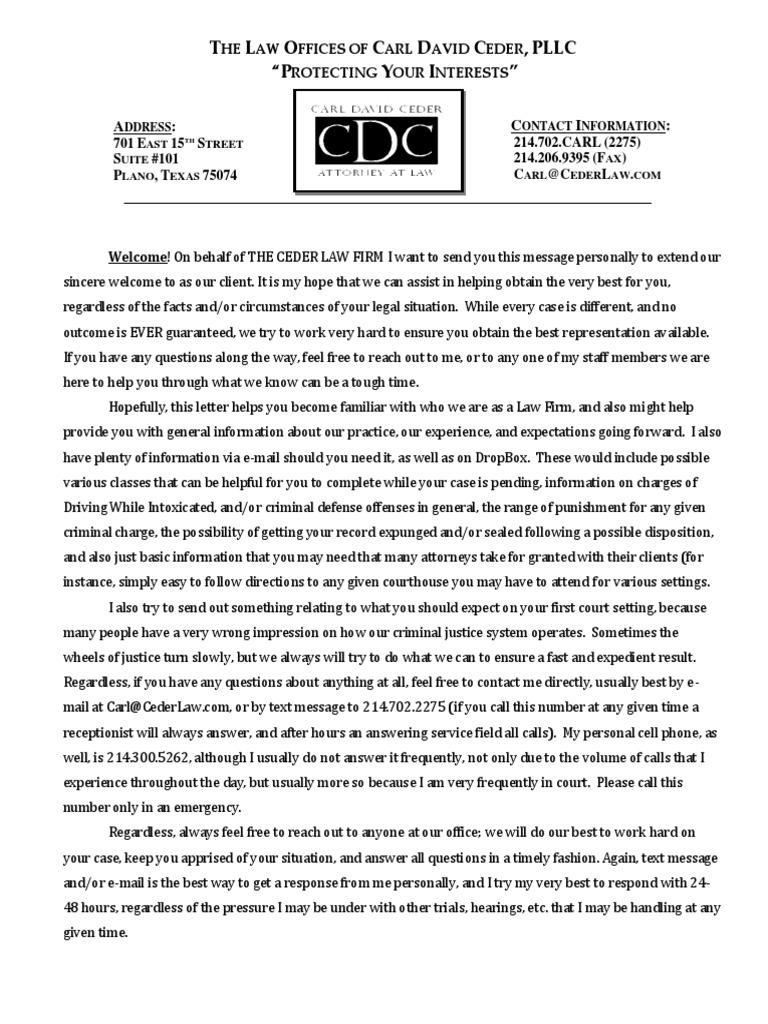 CEDER LAW FIRM Welcome Letter | Lawyer | Government Information